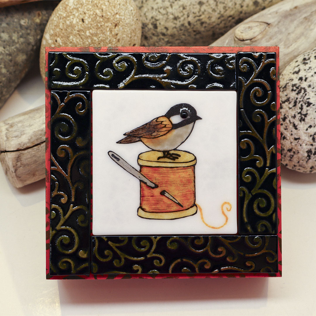 Chickadee with thread and needle – Salish Sea Market (Bowser)